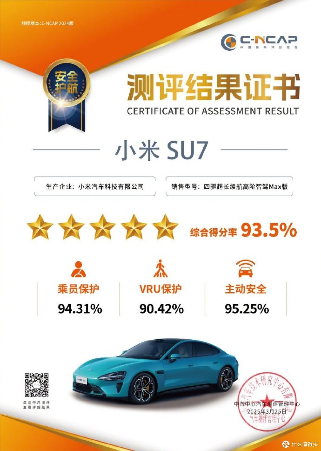 93.5%！中汽测评公布C-NCAP成绩，小米汽车SU7获得五星_新能源车_什么值得买