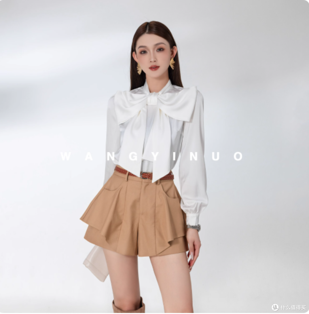 王依诺 YiNuo 蝴蝶结长袖上衣：解锁早秋优雅_女士衬衫_什么值得买